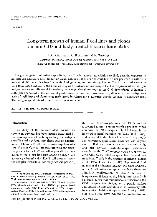 Long-term growth of human T cell lines and clones on anti-CD3 antibody ...