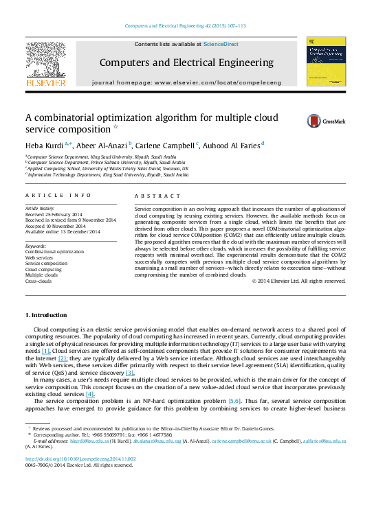 Pdf A Combinatorial Optimization Algorithm For Multiple Cloud Service Composition