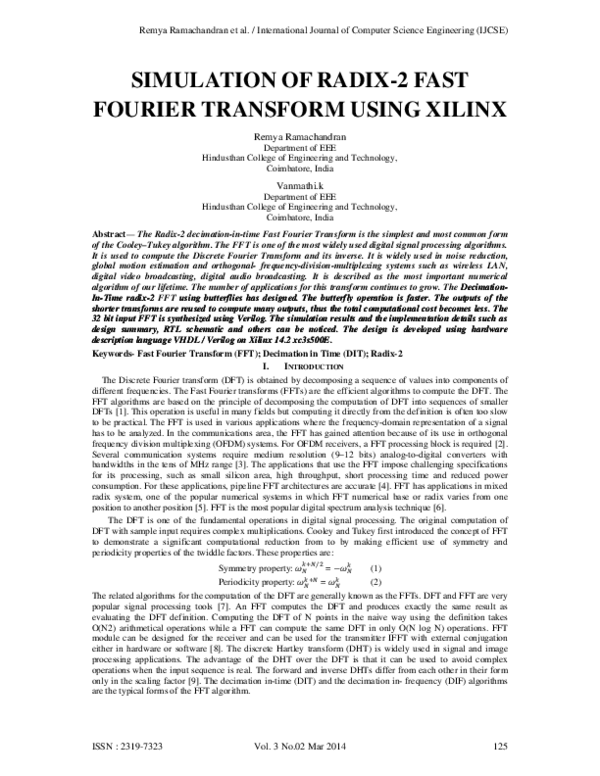 Pdf Simulation Of Radix 2 Fast Fourier Transform Using Xilinx