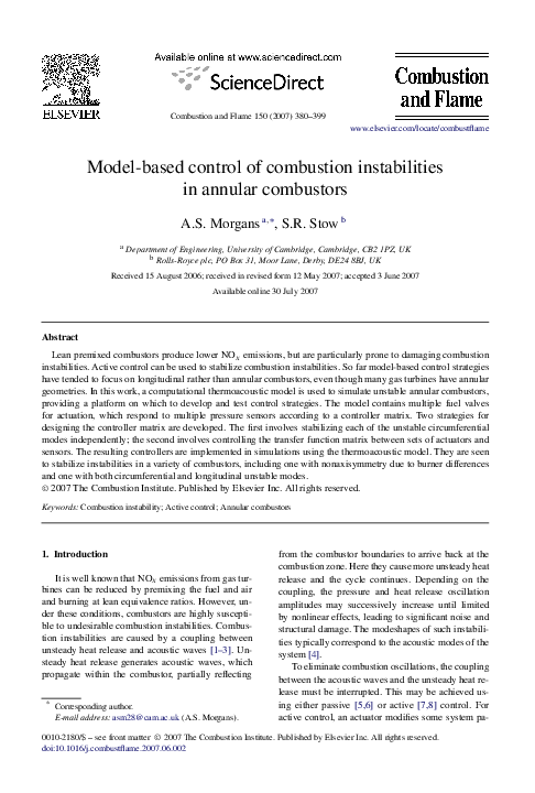 (PDF) Model-based control of combustion instabilities in annular combustors