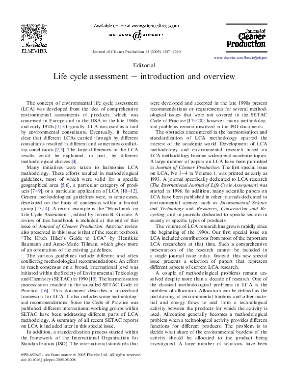 (PDF) Life cycle assessment – introduction and overview