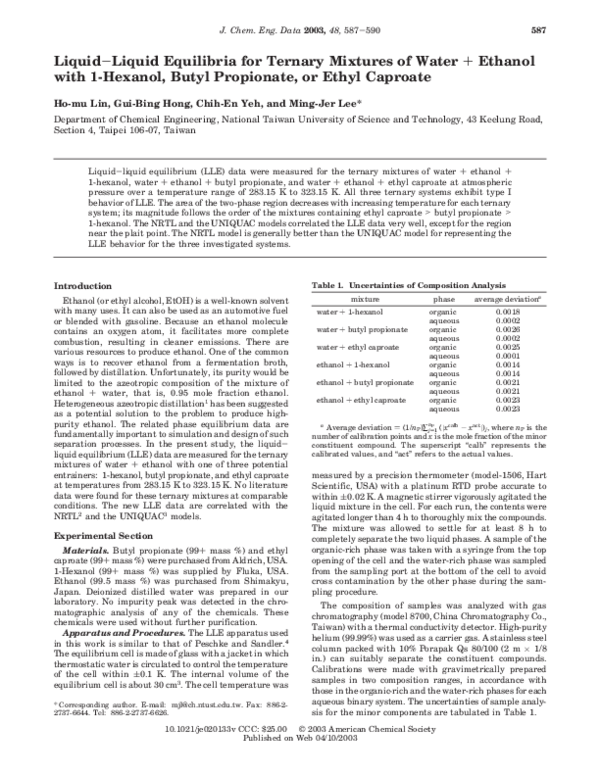 (PDF) Liquid−Liquid Equilibria for Ternary Mixtures (an Ionic Liquid + Benzene + Heptane or ...