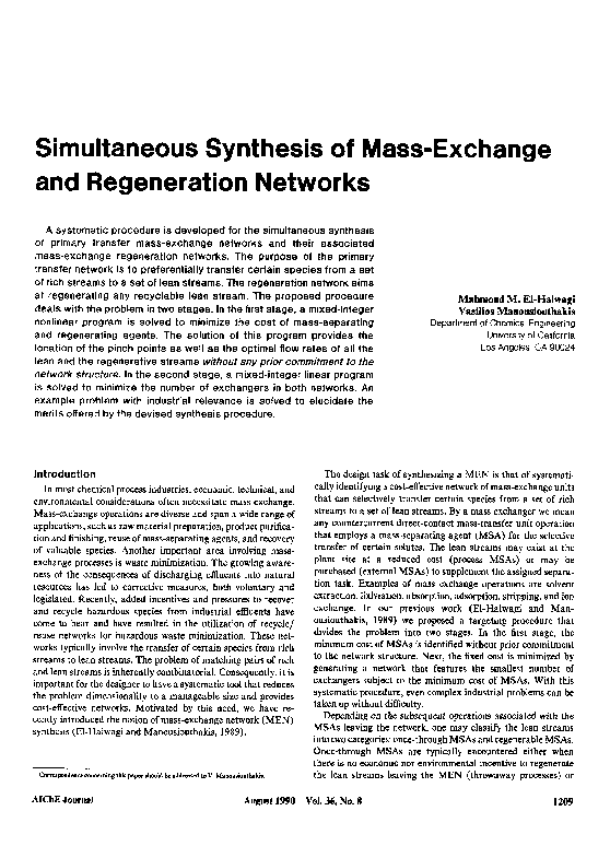 (PDF) Simultaneous synthesis of mass-exchange and regeneration networks
