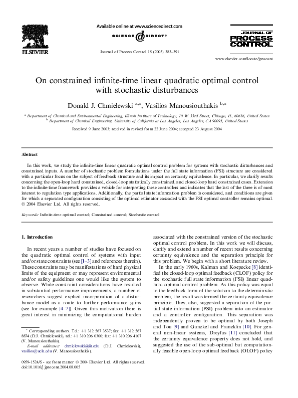 Pdf On Constrained Infinite Time Linear Quadratic Optimal Control With Stochastic Disturbances