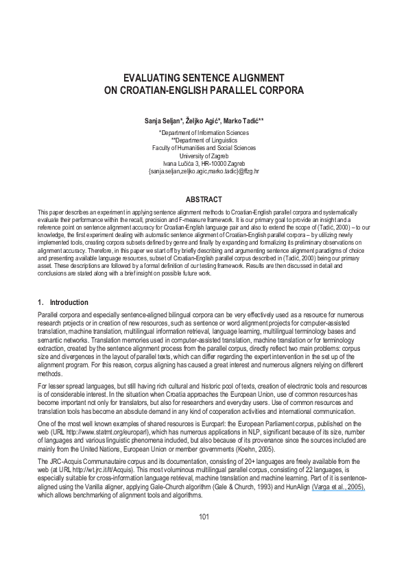 (PDF) Evaluating Sentence Alignment on Croatian-English Parallel Corpora (PDF) Evaluating Sentence Alignment on Croatian-English Parallel Corpora