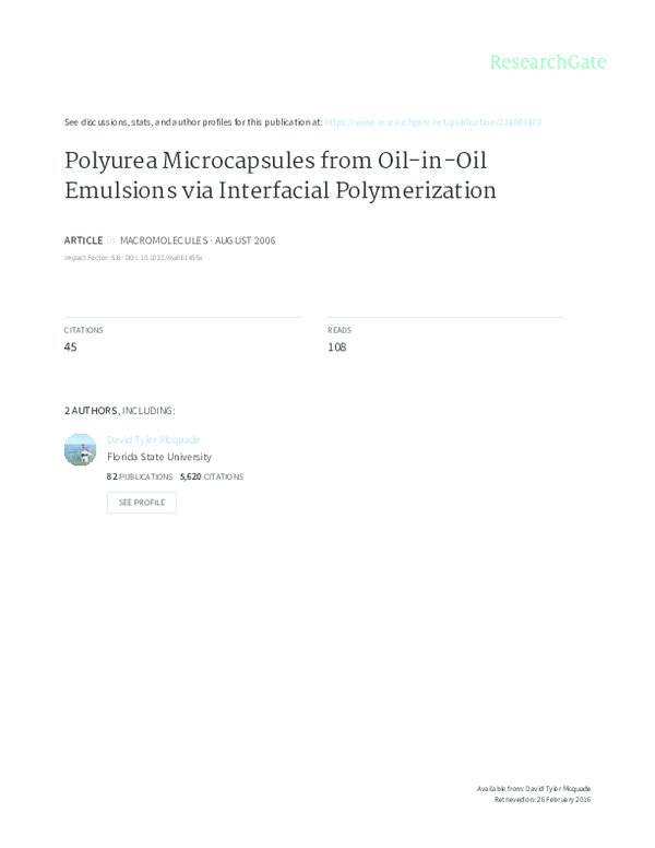 (PDF) Polyurea Microcapsules from Oil-in-Oil Emulsions via Interfacial ...