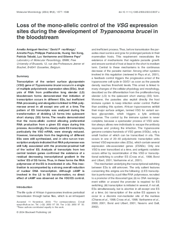 (PDF) Loss of the mono-allelic control of the VSG expression sites ...