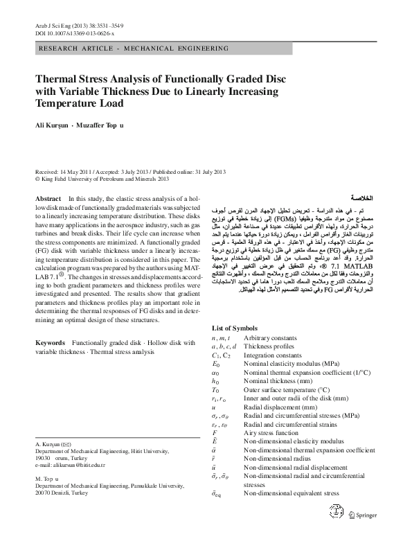 (PDF) Thermal Stress Analysis of Functionally Graded Disc with Variable Thickness Due to ...