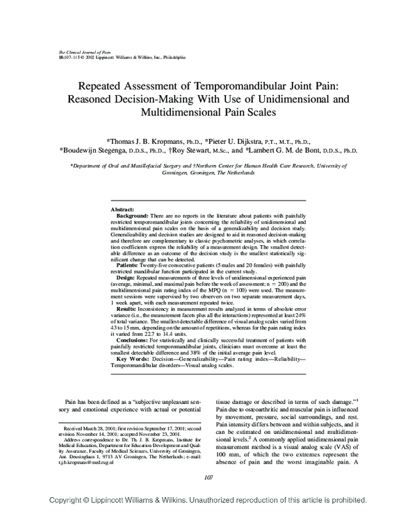(PDF) Repeated Assessment of Temporomandibular Joint Pain: Reasoned ...