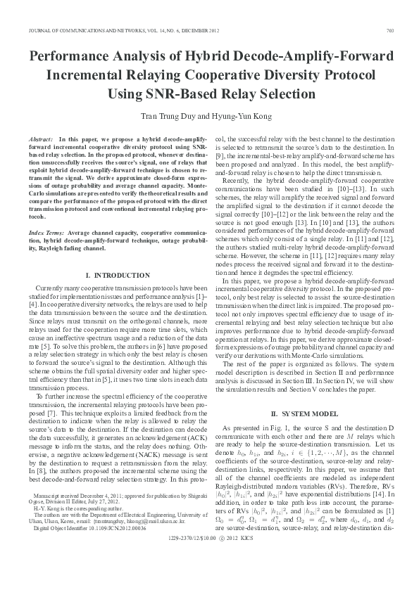 Pdf Performance Analysis Of Hybrid Decode Amplify Forward Incremental Relaying Cooperative