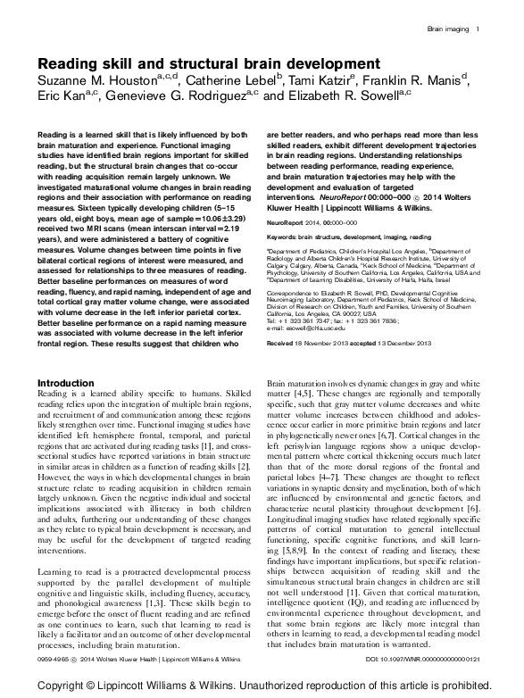 (PDF) Reading skill and structural brain development