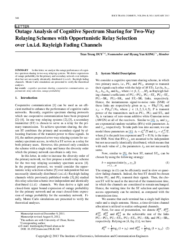 (PDF) Outage Analysis of Cognitive Spectrum Sharing for Two-Way Relaying Schemes with ...