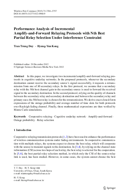Pdf Performance Analysis Of Incremental Amplify And Forward Relaying Protocols With Nth Best