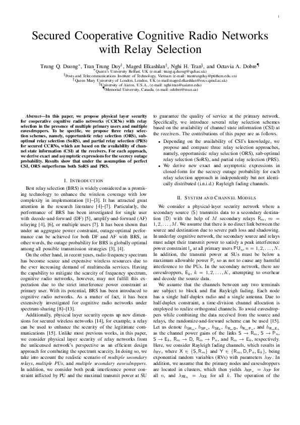 Pdf Secured Cooperative Cognitive Radio Networks With Relay Selection