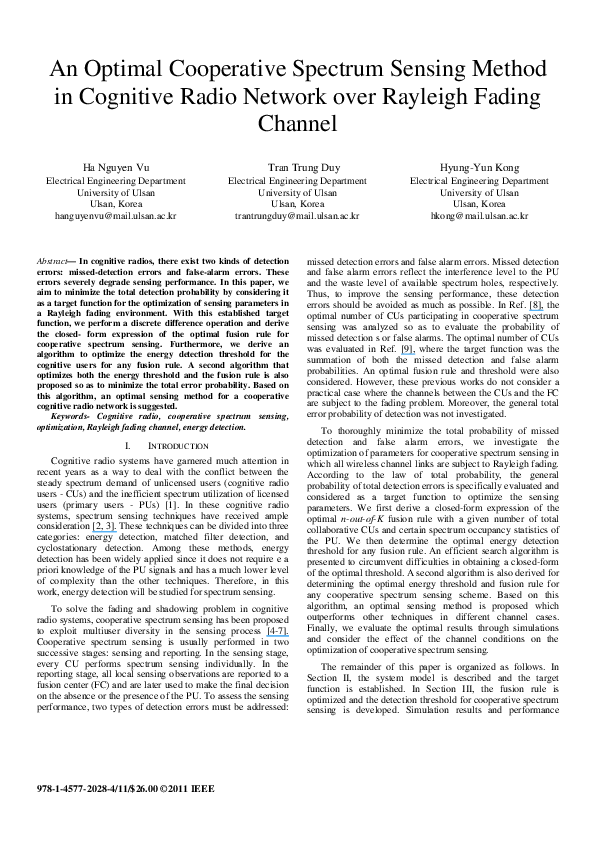 Pdf An Optimal Cooperative Spectrum Sensing Method In Cognitive Radio Network Over Rayleigh