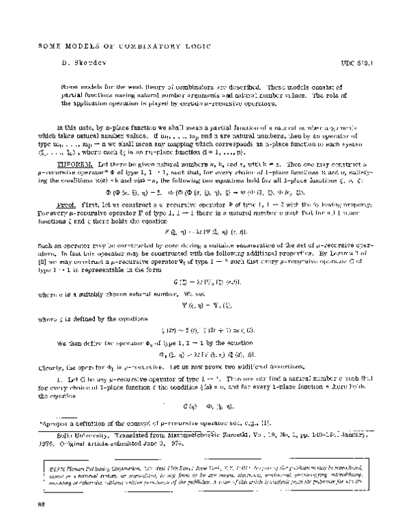 Pdf Some Models Of Combinatory Logic