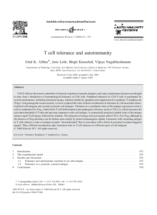(PDF) T cell tolerance and autoimmunity