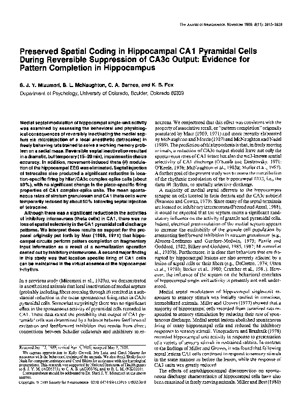 (PDF) Preserved spatial coding in hippocampal CA1 pyramidal cells during reversible suppression ...