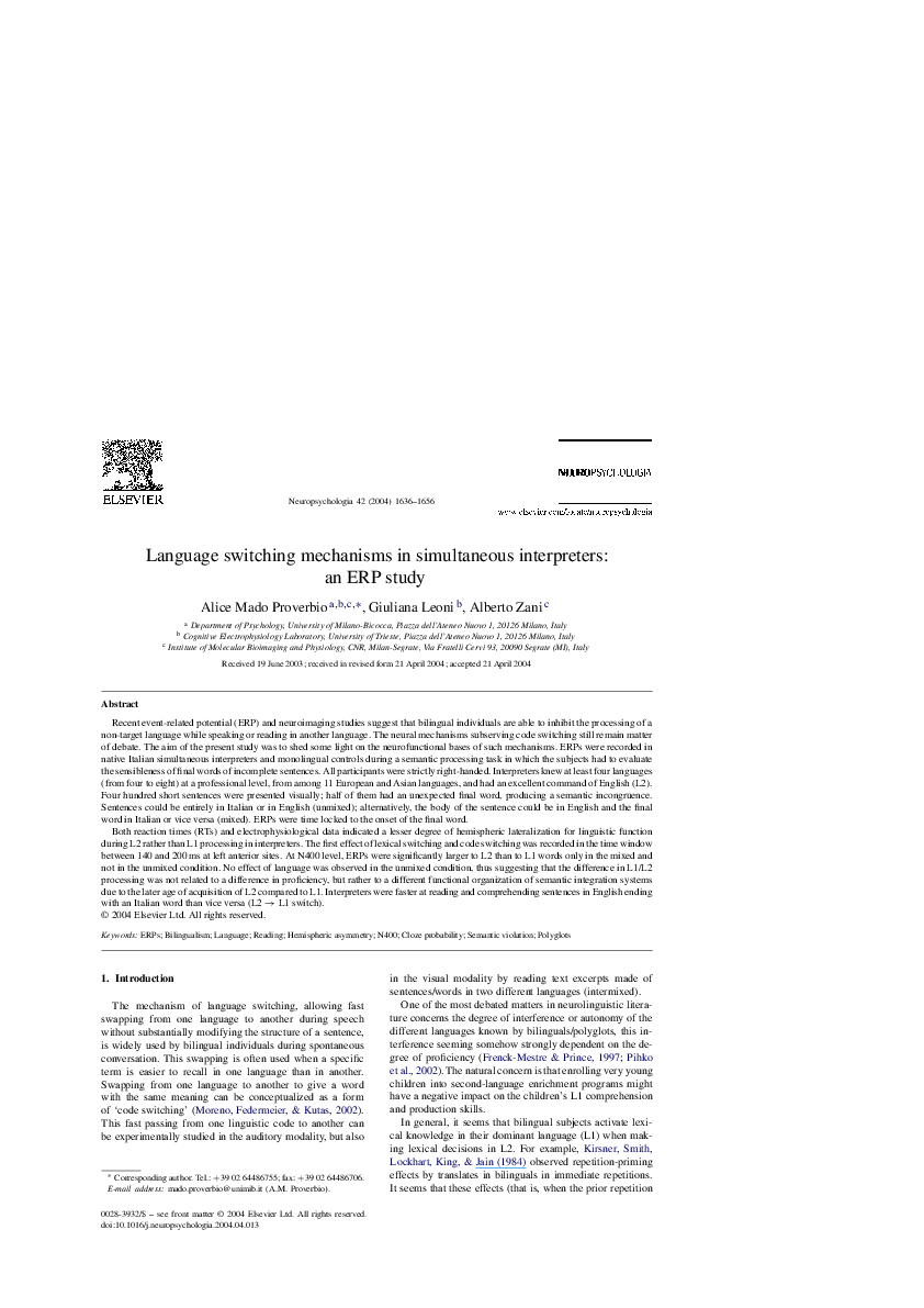 (PDF) Language switching mechanisms in simultaneous interpreters: an ERP study