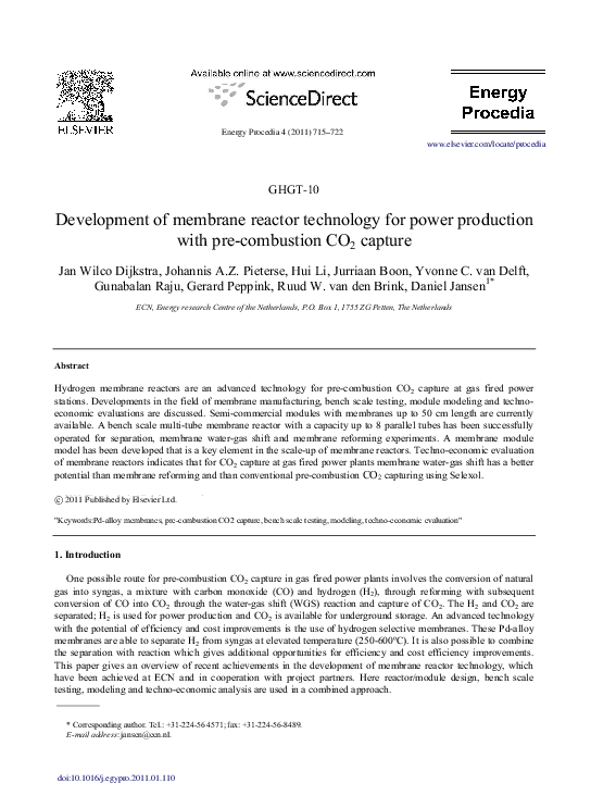 Pdf Development Of Membrane Reactor Technology For Power Production With Pre Combustion Co2