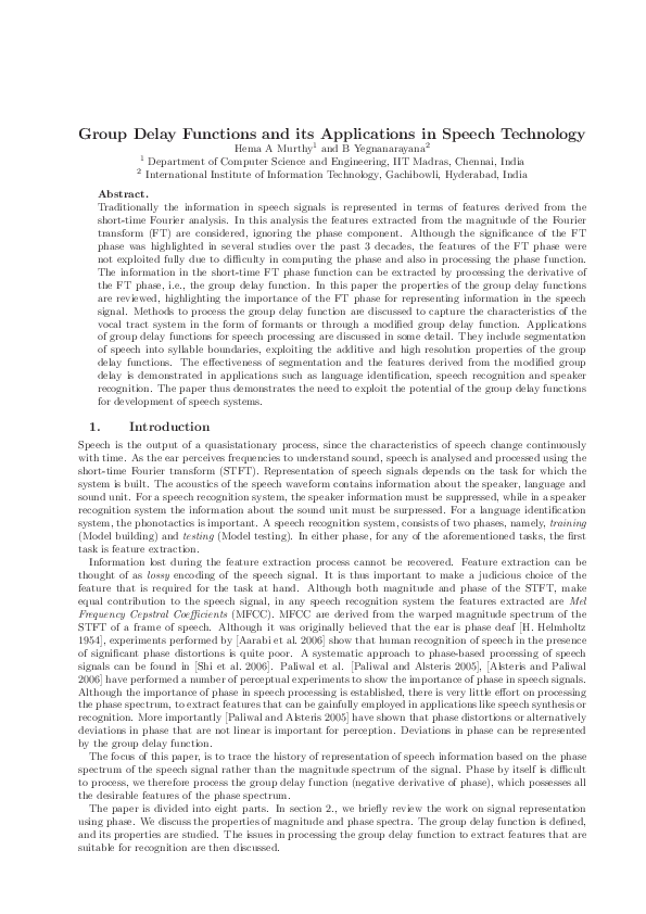 (PDF) Group Delay Functions and its Applications in Speech Technology