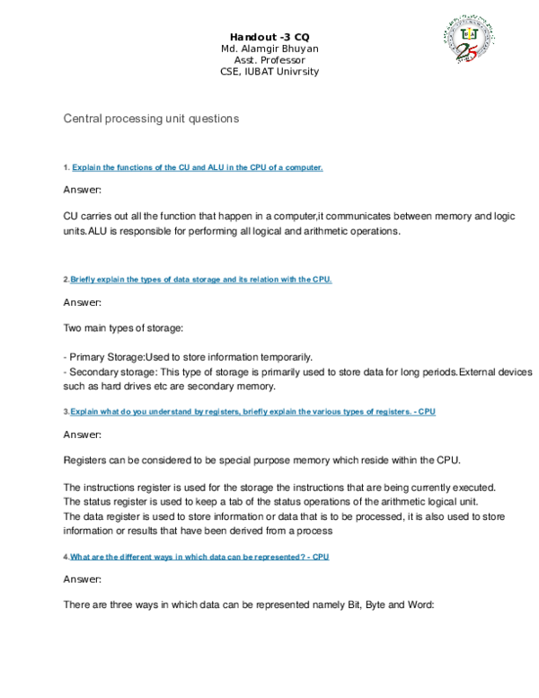 Doc Central Processing Unit Questions