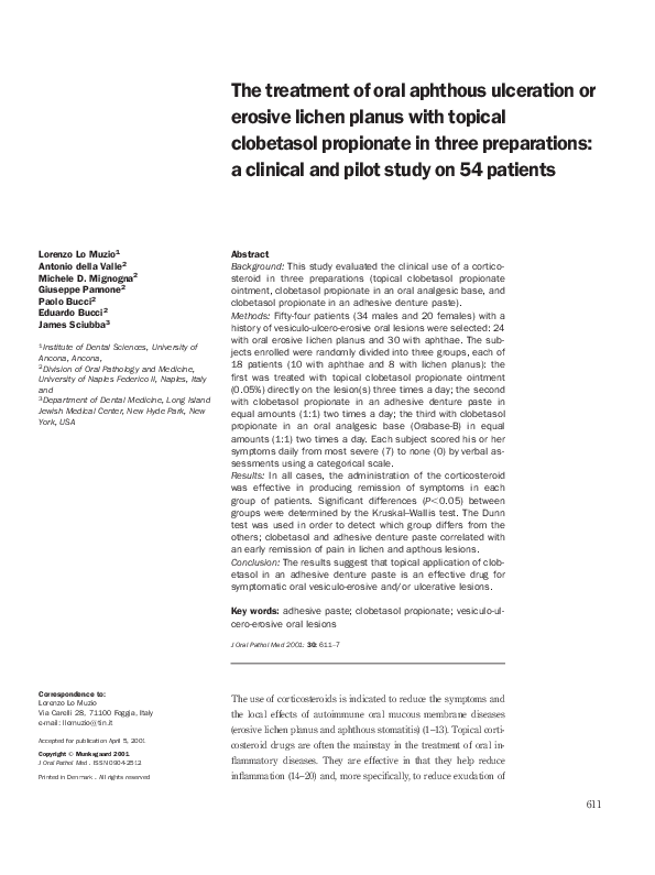 (PDF) The treatment of oral aphthous ulceration or erosive lichen planus with topical clobetasol ...