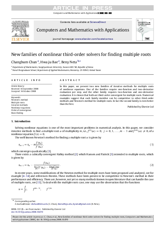 Pdf New Families Of Nonlinear Third Order Solvers For Finding Multiple Roots 2993