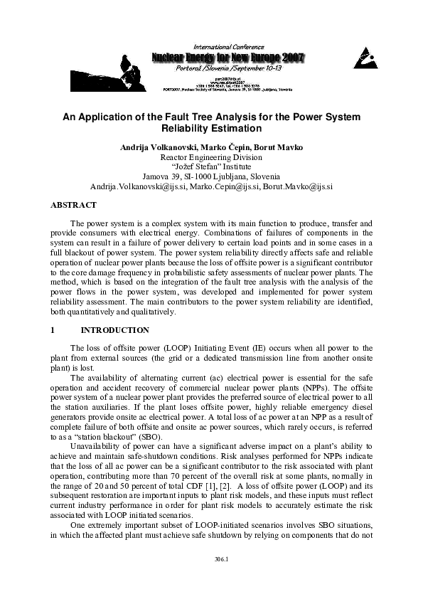 (PDF) An Application of the Fault Tree Analysis for the Power System Reliability Estimation