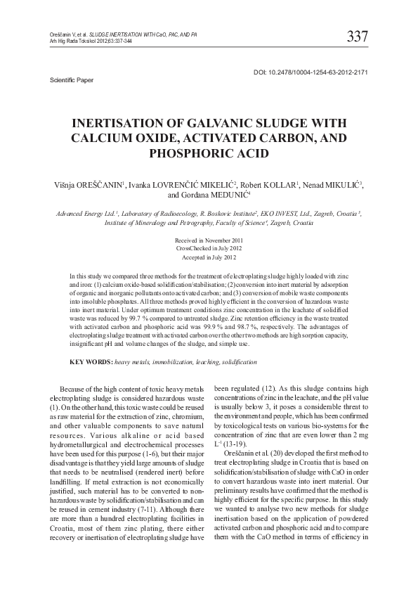 (PDF) Inertisation of galvanic sludge with calcium oxide, activated ...