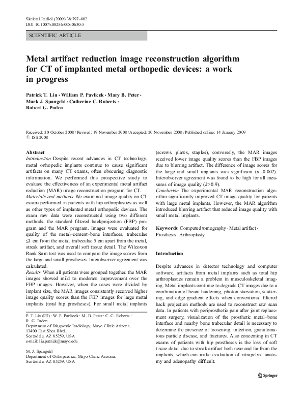 Pdf Metal Artifact Reduction Image Reconstruction Algorithm For Ct Of