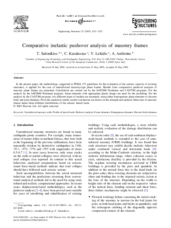 (PDF) Comparative inelastic pushover analysis of masonry frames