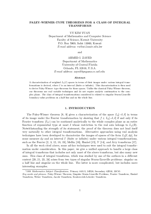 (PDF) Paley–Wiener-Type Theorems for a Class of Integral Transforms
