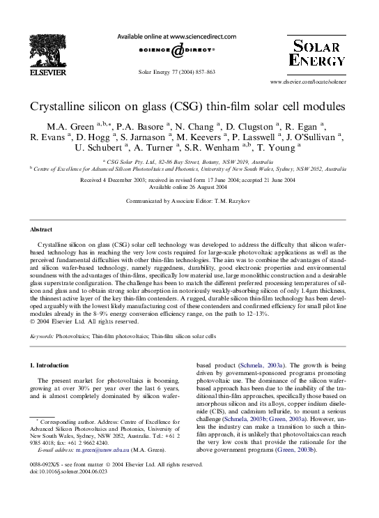 (PDF) Crystalline silicon on glass (CSG) thin-film solar cell modules