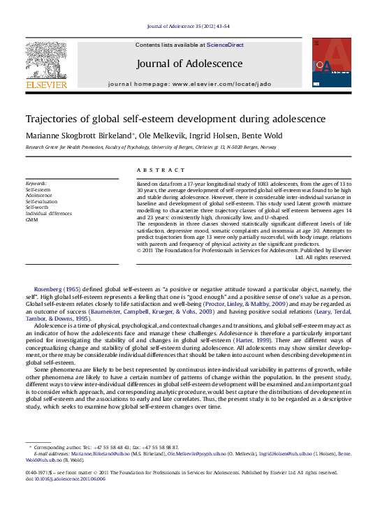 (PDF) Trajectories of global self-esteem development during adolescence