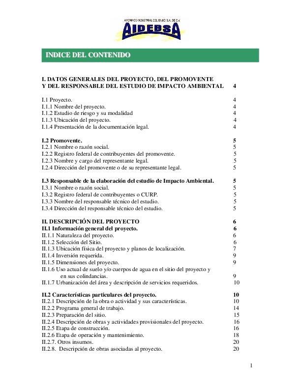 (PDF) I. DATOS GENERALES DEL PROYECTO, DEL PROMOVENTE Y DEL RESPONSABLE ...