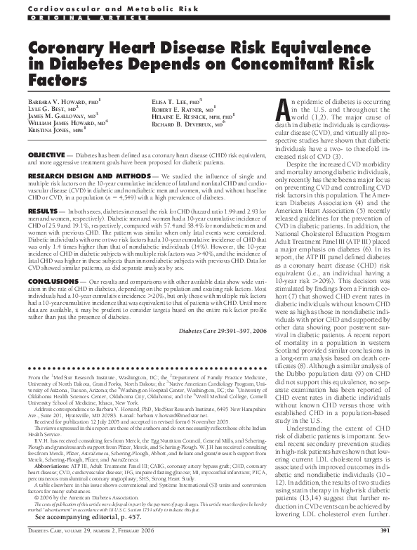 (PDF) Coronary Heart Disease Risk Equivalence in Diabetes Depends on ...