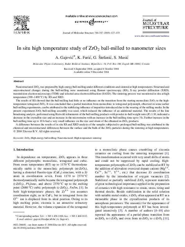 (PDF) In situ high temperature study of ZrO2 ball-milled to nanometer sizes