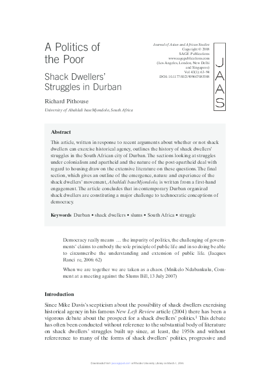 (PDF) A Politics of the Poor: Shack Dwellers' Struggles in Durban (2008)