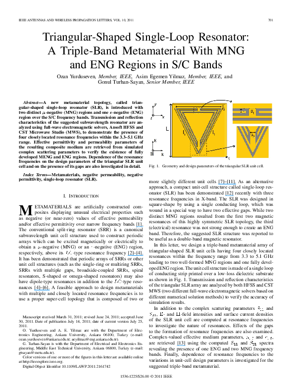 Pdf Triangular Shaped Single Loop Resonator A Triple Band Metamaterial With Mng And Eng