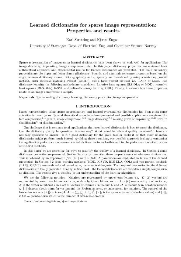 Pdf Learned Dictionaries For Sparse Image Representation Properties