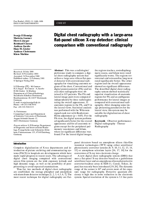 (PDF) Digital chest radiography with a large-area flat-panel silicon X-ray detector: clinical ...