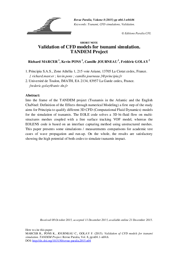 (PDF) Validation of CFD models for tsunami simulation. TANDEM Project