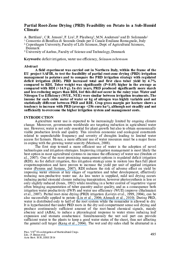 Pdf Partial Root Zone Drying Prd Feasibility On Potato In A Sub
