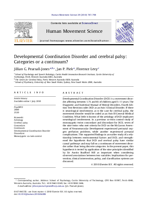 (PDF) Developmental Coordination Disorder and cerebral palsy: Categories or a continuum?