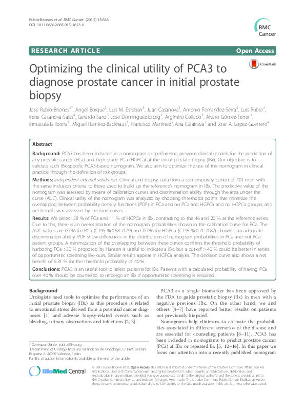 (PDF) Optimizing the clinical utility of PCA3 to diagnose prostate cancer in initial prostate biopsy