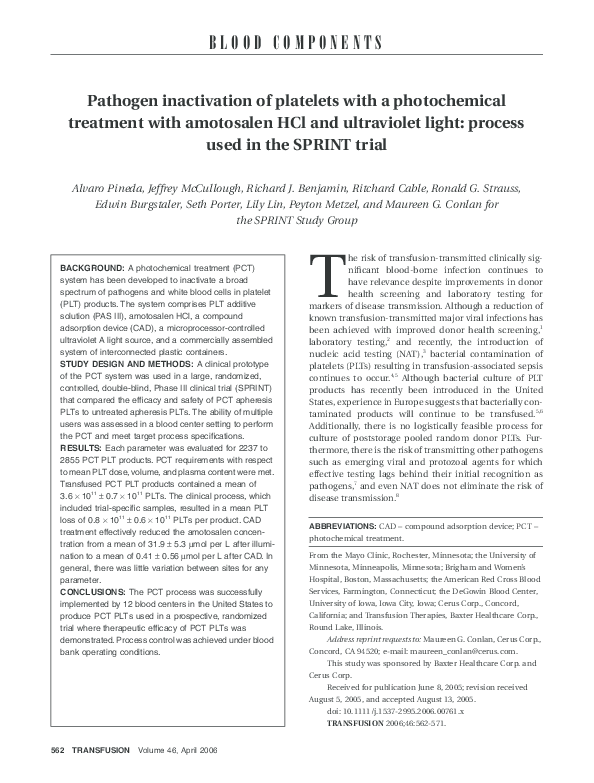 (PDF) Pathogen inactivation of platelets with a photochemical treatment ...