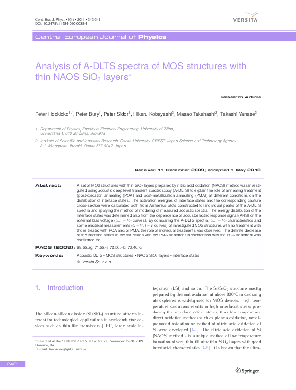 Pdf 04 Analysis Of A Dlts Spectra Of Mos Structures With Thin Naos Sio2 Layers 2011 Central