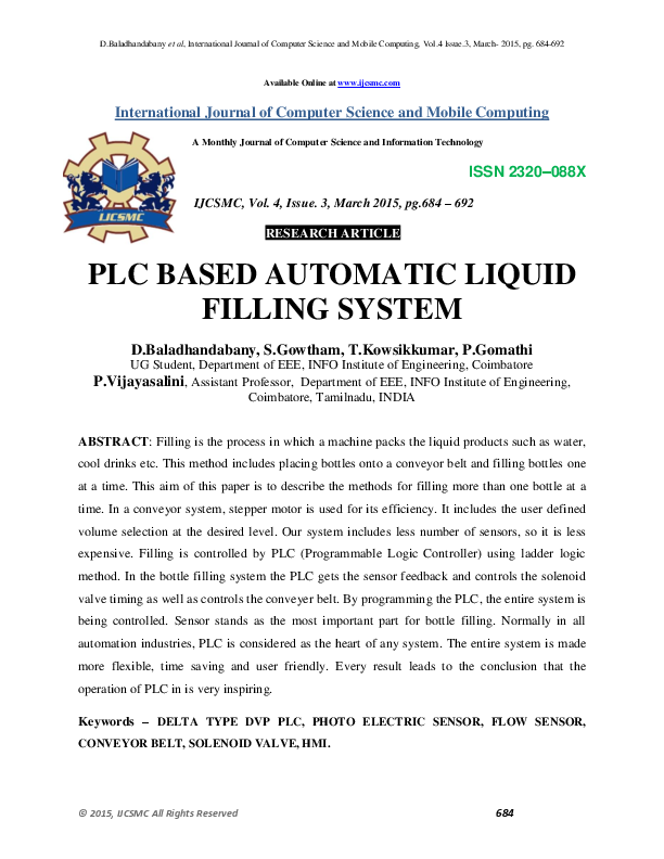 (PDF) Automatic Bottle Filling System Using PLC Based Controller | Sourav Sourav - Academia.edu