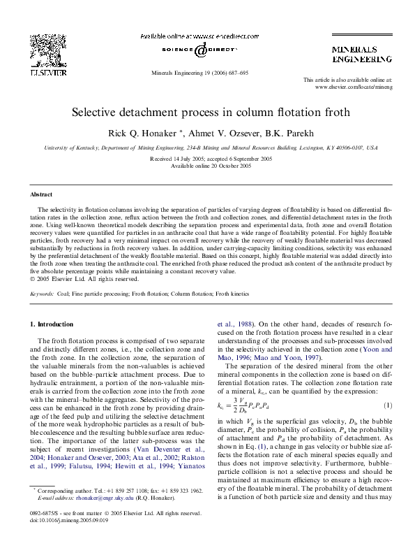 (PDF) Selective detachment process in column flotation froth